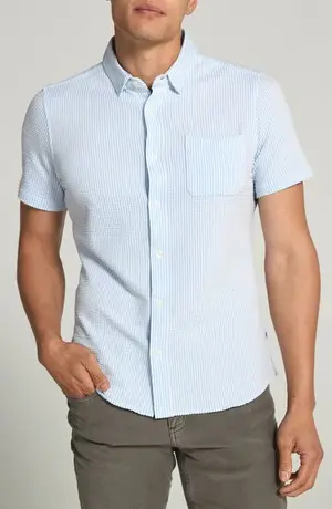7 Diamonds Keaton Stripe Seersucker Short Sleeve Button-up Shirt - Blue