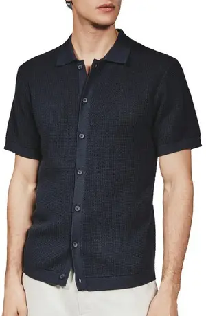 7 Diamonds Nash Knit Short Sleeve Button-up Shirt - Navy