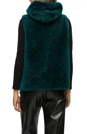 Gorski Reversible Genuine Shearling Hooded Vest - Emerald/black