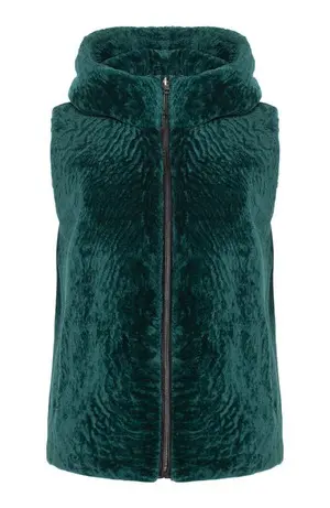 Gorski Reversible Genuine Shearling Hooded Vest - Emerald/black