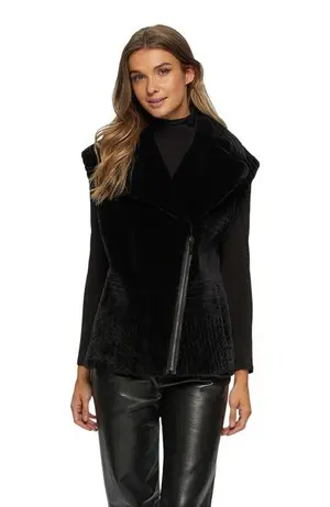 Gorski Genuine Shearling Zip Vest With Grooved Pattern Black