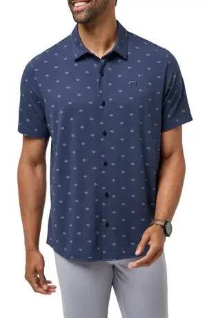 Travis Mathew Shore Of It Geo Print Short Sleeve Button-up Knit Shirt - Total Eclipse