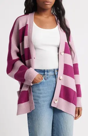 DRESSED IN LALA Oversized Striped Cardigan - Boysenberry/mauve