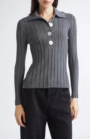 NACKIYE Sugarman Rib Wool Polo Sweater - Anthracite