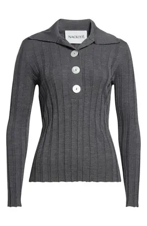 NACKIYE Sugarman Rib Wool Polo Sweater - Anthracite