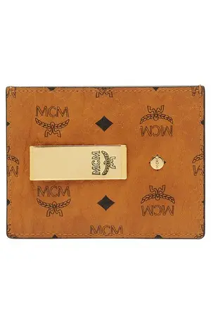 Mcm Money Clip Card Case In Visetos Original - Cognac