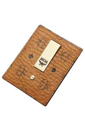 Mcm Money Clip Card Case In Visetos Original - Cognac