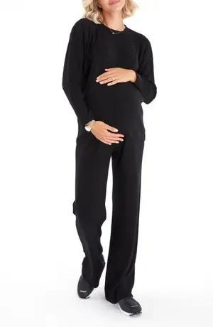 ACCOUCHEE Rib Side Zip Long Sleeve Top & Lounge Pants Set - Black