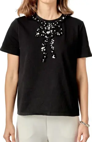 English Factory Beaded Bow Detail Top - Black