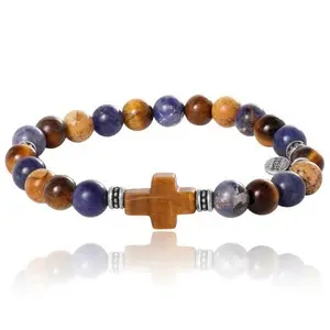 Lucky Brand Sodalite Bead Stretch Bracelets With Cross Accent - Blue, Brown