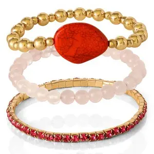 Jessica Simpson 3-piece Beaded Stretch Bracelet Set - Gold, Red