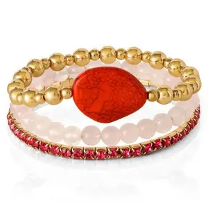 Jessica Simpson 3-piece Beaded Stretch Bracelet Set - Gold, Red