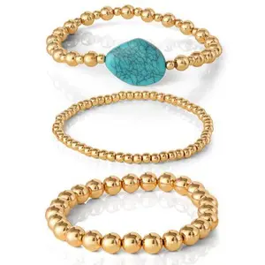 Jessica Simpson 3-Piece Beaded Stretch Bracelet Set Gold, Turquoise