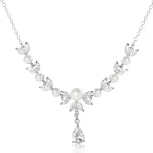 Jessica Simpson Pearl And Crystal Drop Necklace - Silver