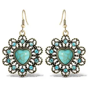 Jessica Simpson Ornate Heart Earrings - Gold, Turquoise