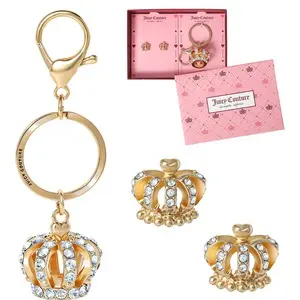 Juicy Couture Crystal Crown Keychain And Earrings Set - Gold, Silver