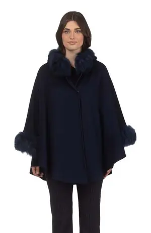 Gorski Wool And Cashmere Trimmed Cape - Navy