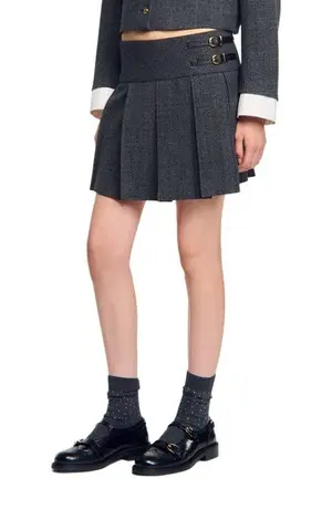 Sandro Short Pleated Check Skirt