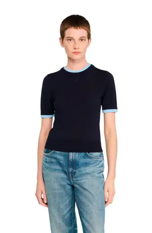 Sandro Two-tone Cropped Sweater - Navy Blue