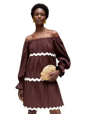 RO&ZO Bardot Contrast Trim Dress - Brown