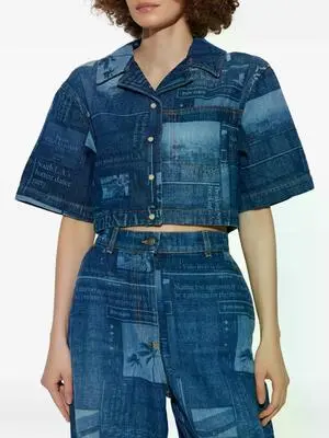 Palm Angels Newspaper Print Cropped Denim Shirt