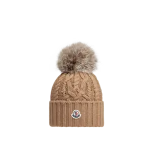Moncler Cashmere Blend Beanie With Faux Fur Pom Pom Beige