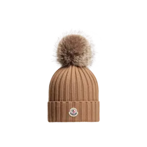 Moncler Wool Beanie With Faux Fur Pom Pom - Beige
