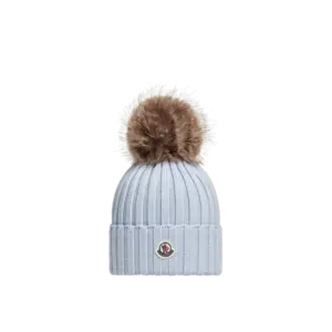 Moncler Wool Beanie With Faux Fur Pom Pom - Blue