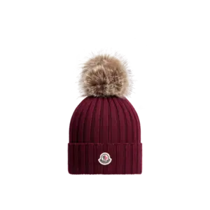 Moncler Wool Beanie With Faux Fur Pom Pom - Red