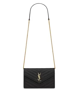 Saint Laurent Cassandre Envelope Chain Wallet In Lambskin - Black Lambskin/gold