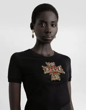 Dolce & Gabbana Cotton T-shirt With Swarovski Cross - Black