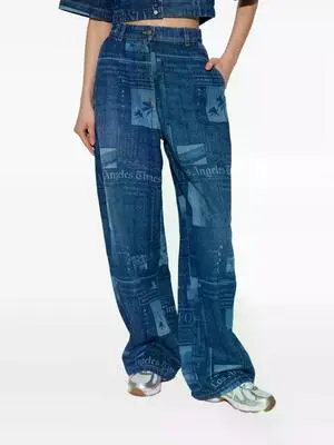 Palm Angels Newspaper Print Cotton Jeans - Blue