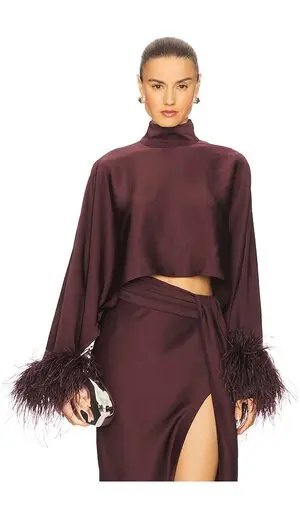 Lapointe Lightweight Satin Caftan Top With Feathers