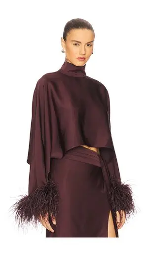 Lapointe Lightweight Satin Caftan Top With Feathers
