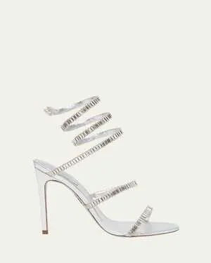 Rene Caovilla Metallic Leather Strass Snake Ankle Wrap Sandals - Silver