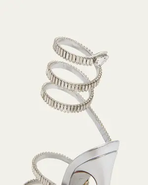 Rene Caovilla Metallic Leather Strass Snake Ankle Wrap Sandals - Silver