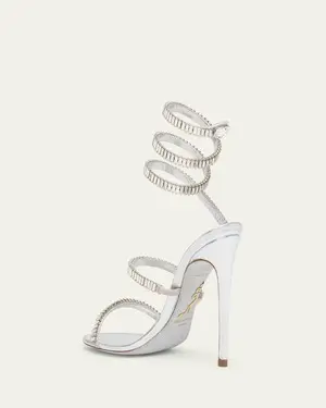Rene Caovilla Metallic Leather Strass Snake Ankle Wrap Sandals - Silver