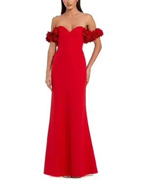 Mac Duggal Off-the-shoulder Gown With 3d Floral Applique - Red