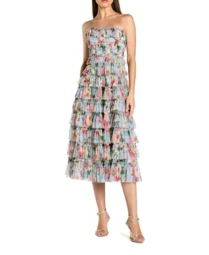 Mac Duggal Strapless Ruffle Mesh Midi Dress - Blue Multi
