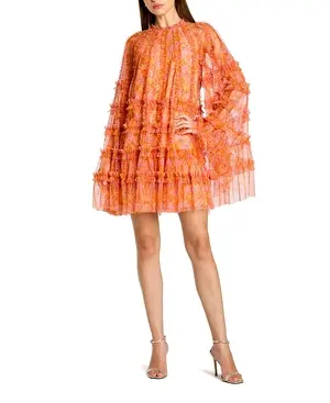 Mac Duggal Floral Print Long Flare Sleeve Mesh A-line Dress - Mango Multi