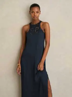 REISS Joy Satin Cut-out Slip Dress - Navy