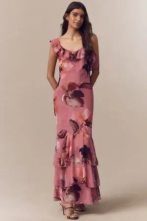 MARE MARE Lucy Chiffon Ruffle Maxi Dress - Plum Floral Chiffon