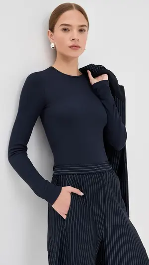 Tibi Circular Ribbed Crew Neck Pullover - Navy