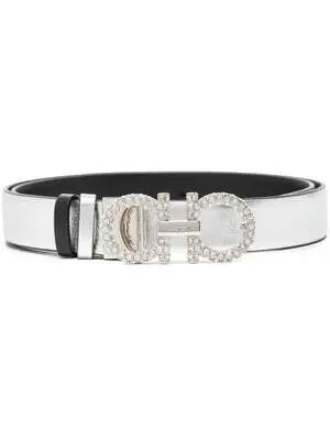 FERRAGAMO Gancini Strass Leather Belt - Silver