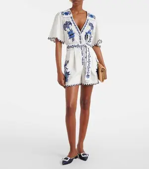 Farm Rio Embroidered Linen-blend Romper