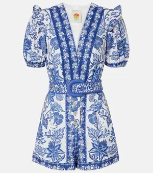 Farm Rio Printed Belted Cotton Romper - Blue