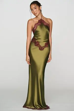 Retrofete Everly Halter Lace-trim Satin Maxi Dress - Green