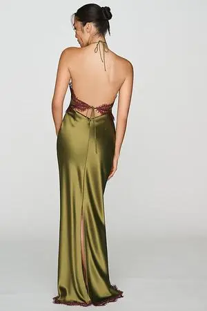 Retrofete Everly Halter Lace-trim Satin Maxi Dress - Green
