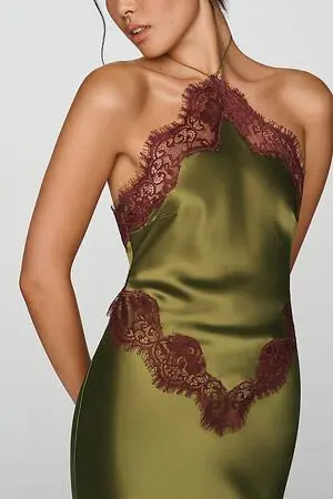 Retrofete Everly Halter Lace-trim Satin Maxi Dress - Green