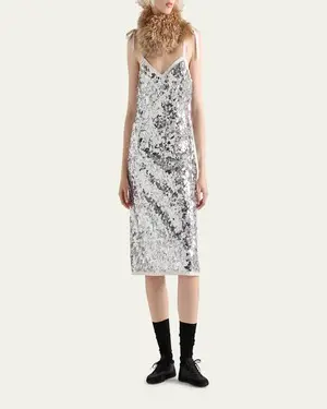 Prada Sequin Tie-shoulder Midi Dress - Argento